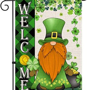 XIFAN St Patrick's Day Garden Flag Shamrock Gnome Clover Welcome Flag, Double Sided Buffalo Plaid Gold Coins, Small 12.5 x 18 Inch Green Saint Patrick Spring Yard Farmhouse Outdoor Decoration