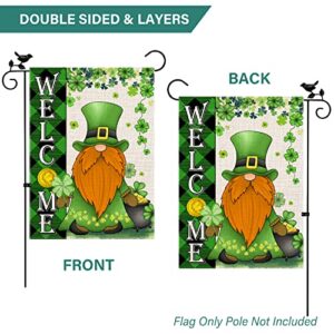 XIFAN St Patrick's Day Garden Flag Shamrock Gnome Clover Welcome Flag, Double Sided Buffalo Plaid Gold Coins, Small 12.5 x 18 Inch Green Saint Patrick Spring Yard Farmhouse Outdoor Decoration