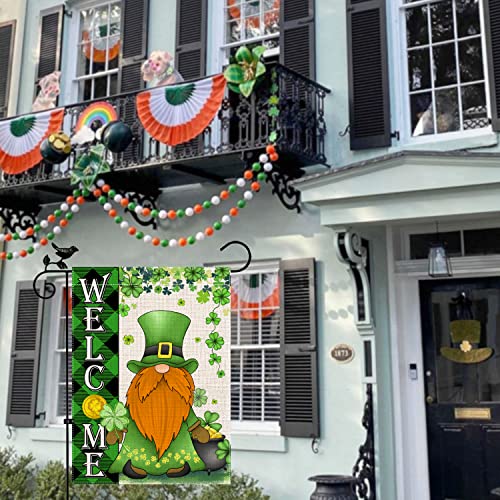 XIFAN St Patrick's Day Garden Flag Shamrock Gnome Clover Welcome Flag, Double Sided Buffalo Plaid Gold Coins, Small 12.5 x 18 Inch Green Saint Patrick Spring Yard Farmhouse Outdoor Decoration