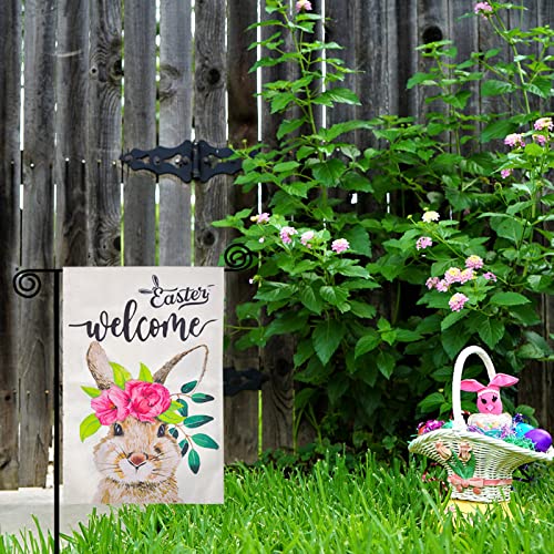 Happy Easter Garden Flag 12x18 Inch Double Sided Bunny with Flowers, Small Yard Flag for Outside Farmhouse Holiday Spring Outdoor Décor, house flag