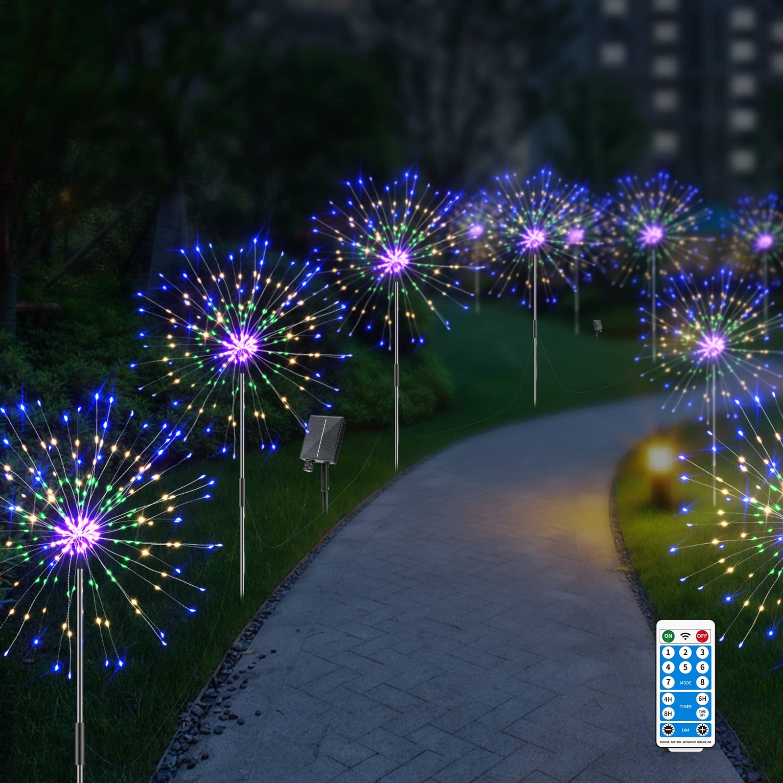 6 Pack Solar Firework Lights,720 LED Outdoor Garden Lights USB Charging, 8 Lighting Modes with Remote Control Waterproof, 4 Brightness DIY Firefly Lamp for Path Christmas Party Yard (Colorful)