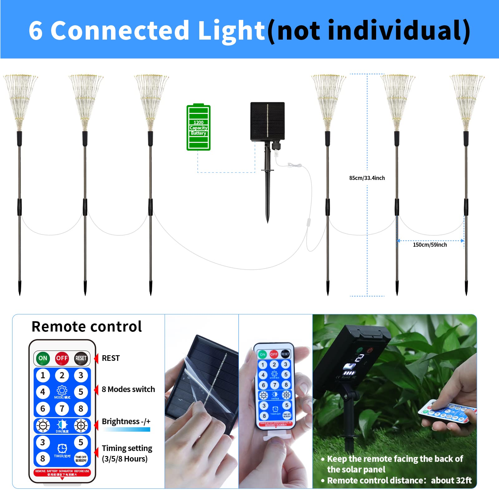 6 Pack Solar Firework Lights,720 LED Outdoor Garden Lights USB Charging, 8 Lighting Modes with Remote Control Waterproof, 4 Brightness DIY Firefly Lamp for Path Christmas Party Yard (Colorful)