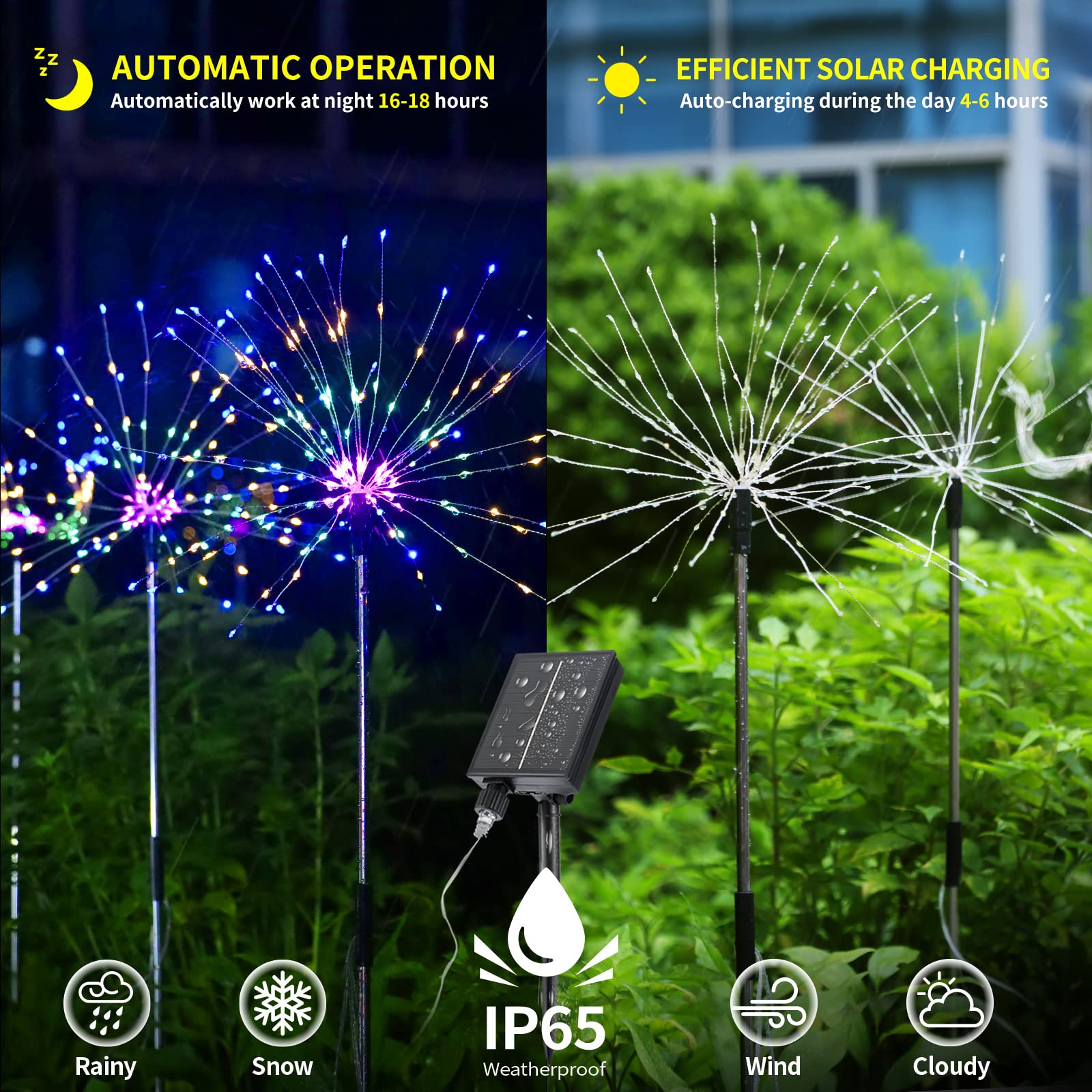 6 Pack Solar Firework Lights,720 LED Outdoor Garden Lights USB Charging, 8 Lighting Modes with Remote Control Waterproof, 4 Brightness DIY Firefly Lamp for Path Christmas Party Yard (Colorful)