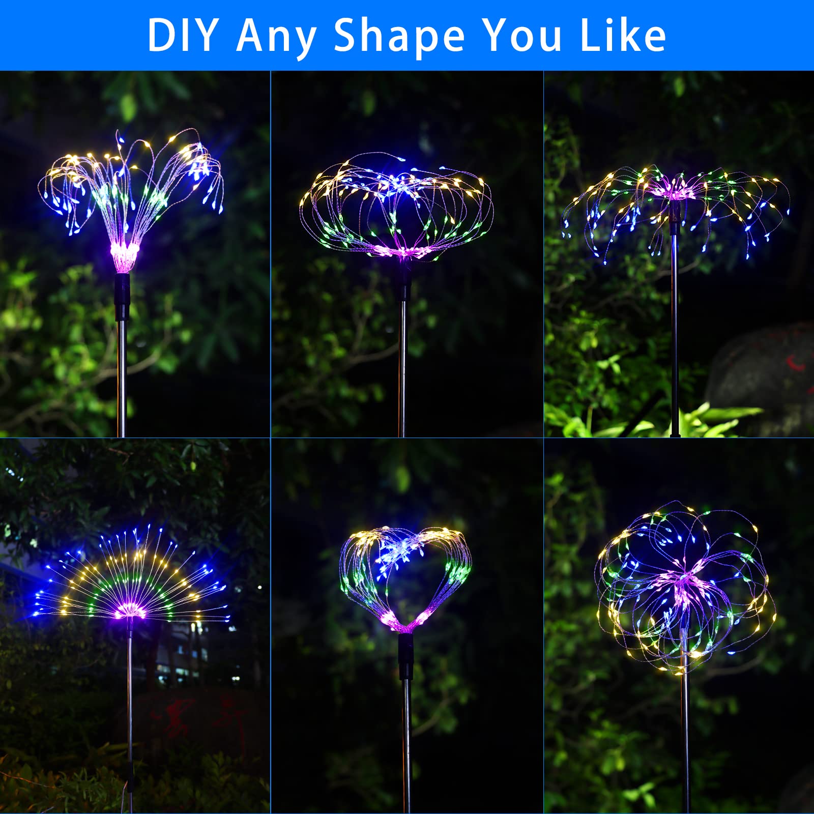 6 Pack Solar Firework Lights,720 LED Outdoor Garden Lights USB Charging, 8 Lighting Modes with Remote Control Waterproof, 4 Brightness DIY Firefly Lamp for Path Christmas Party Yard (Colorful)