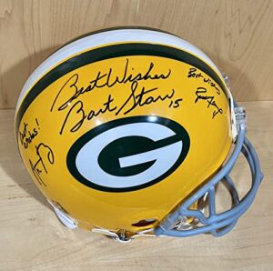 bart starr aaron rodgers brett favre signed packers pro nfl football helmet jsa - autographed nfl helmets