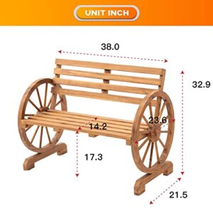 FDW Wooden Wagon Wheel Bench Outdoor Patio Furniture Lounge Furniture 2-Person Seat Bench for Backyard, Patio Garden Rustic Country Design w/Slatted Seat and Backrest,Log Color