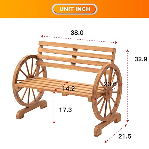 FDW Wooden Wagon Wheel Bench Outdoor Patio Furniture Lounge Furniture 2-Person Seat Bench for Backyard, Patio Garden Rustic Country Design w/Slatted Seat and Backrest,Log Color