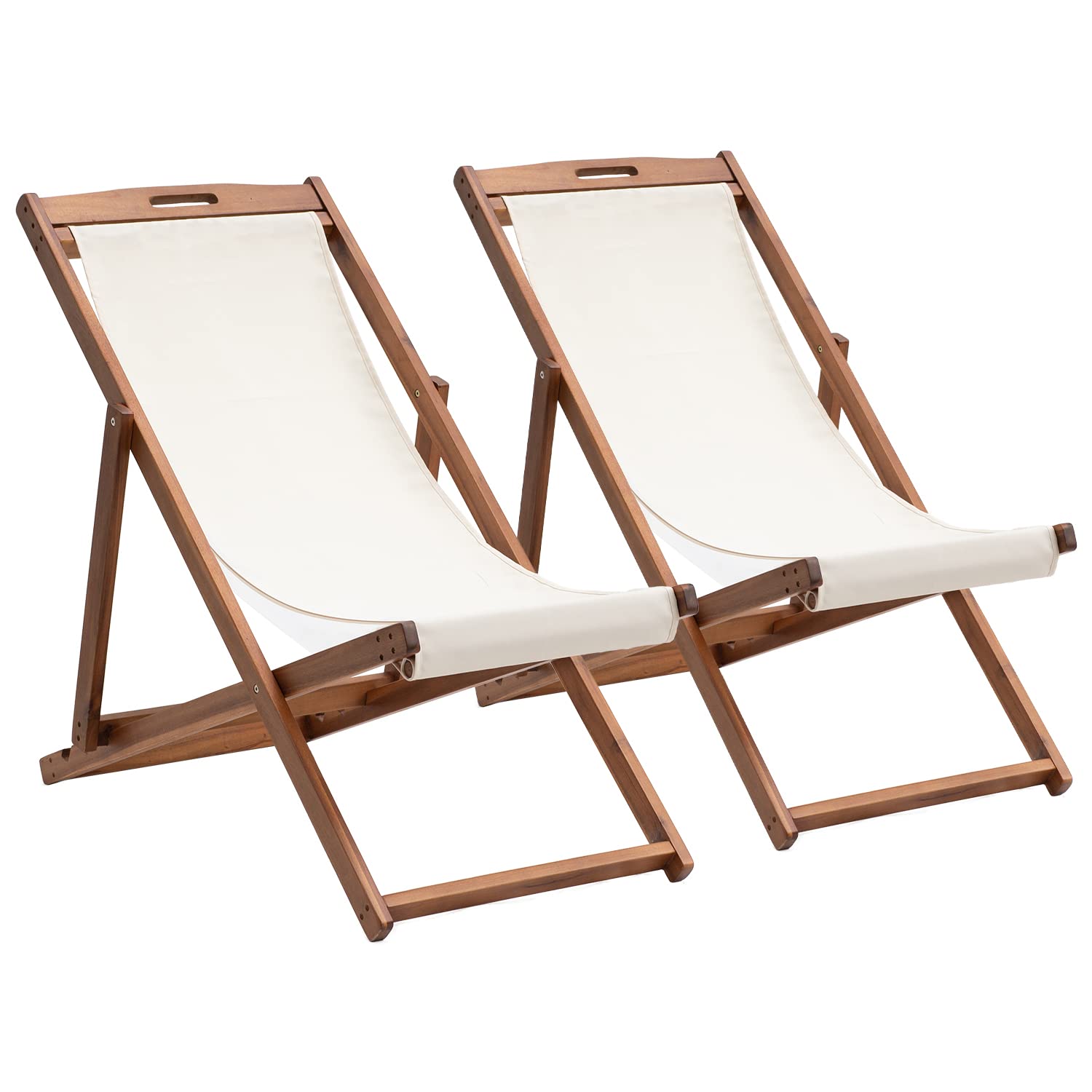 Outdoor Wooden Patio Lounge Chair 2 Set Beach Sling Chair Set Height Portable Reclining Beach Chair Solid Wood Frame with White Polyester Canvas 3 Level,Khaki