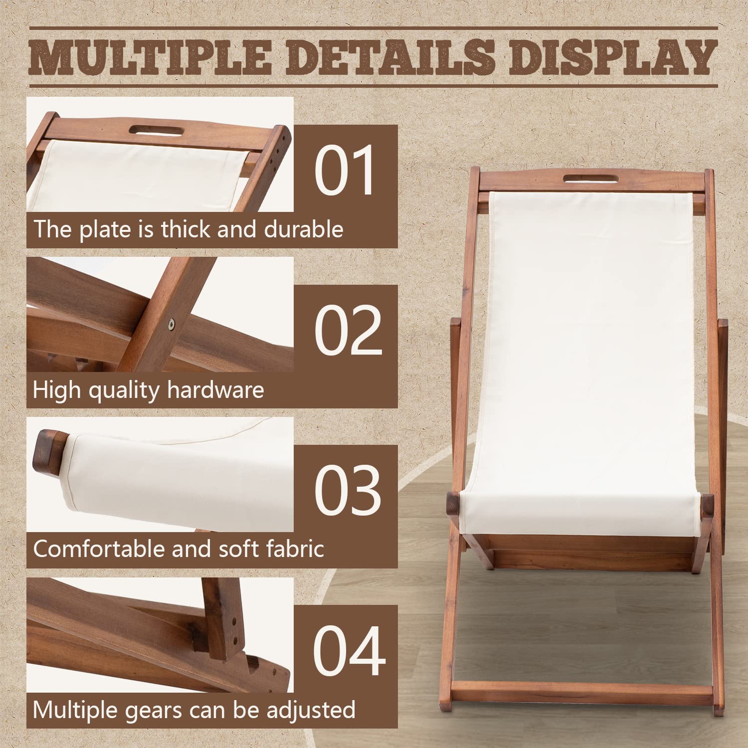 Outdoor Wooden Patio Lounge Chair 2 Set Beach Sling Chair Set Height Portable Reclining Beach Chair Solid Wood Frame with White Polyester Canvas 3 Level,Khaki