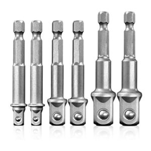 BOEN Impact Grade Socket Adapter Set, 6-PCS Drill Bit Adapter with Bit Holder, Sizes 1/4", 3/8", 1/2", 1/4-Inch SAE Hex Shank, Cr-V, for Cordless Drill & Screwdriver, Power Drill & Driver