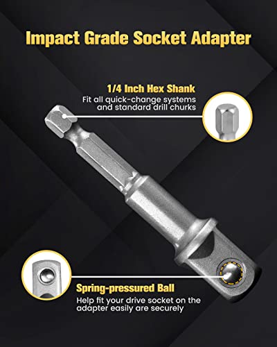 BOEN Impact Grade Socket Adapter Set, 6-PCS Drill Bit Adapter with Bit Holder, Sizes 1/4", 3/8", 1/2", 1/4-Inch SAE Hex Shank, Cr-V, for Cordless Drill & Screwdriver, Power Drill & Driver