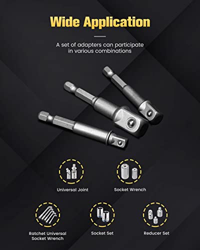 BOEN Impact Grade Socket Adapter Set, 6-PCS Drill Bit Adapter with Bit Holder, Sizes 1/4", 3/8", 1/2", 1/4-Inch SAE Hex Shank, Cr-V, for Cordless Drill & Screwdriver, Power Drill & Driver