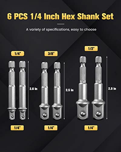 BOEN Impact Grade Socket Adapter Set, 6-PCS Drill Bit Adapter with Bit Holder, Sizes 1/4", 3/8", 1/2", 1/4-Inch SAE Hex Shank, Cr-V, for Cordless Drill & Screwdriver, Power Drill & Driver