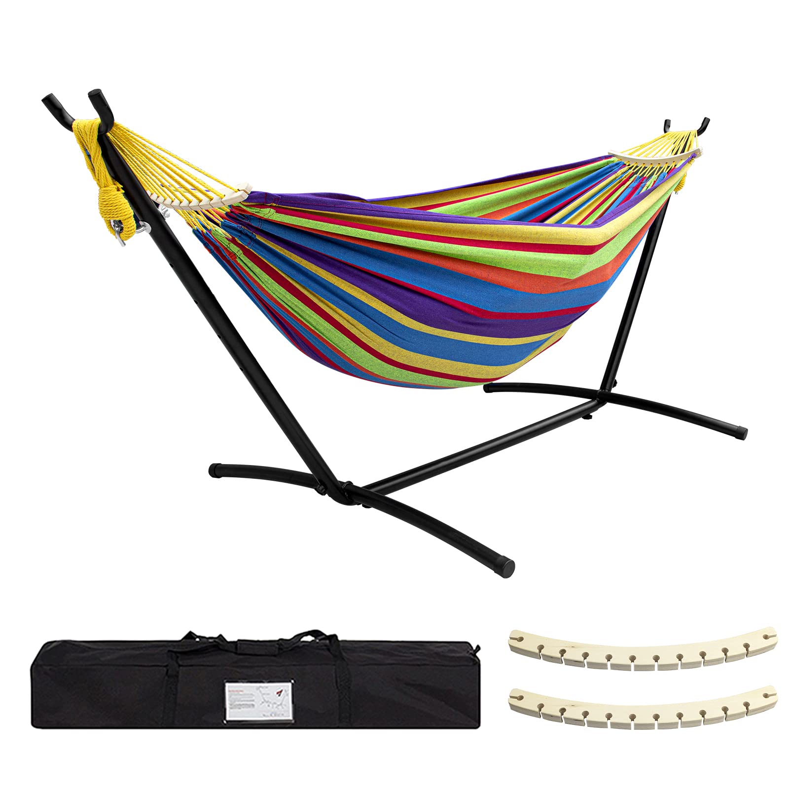 SZHLUX Double Hammock with Stand Included 450lb Capacity Steel Stand, Premium Carry Bag Included.Indoor Outdoor Brazilian-Style Cotton Bed for Backyard, Camping,Garden