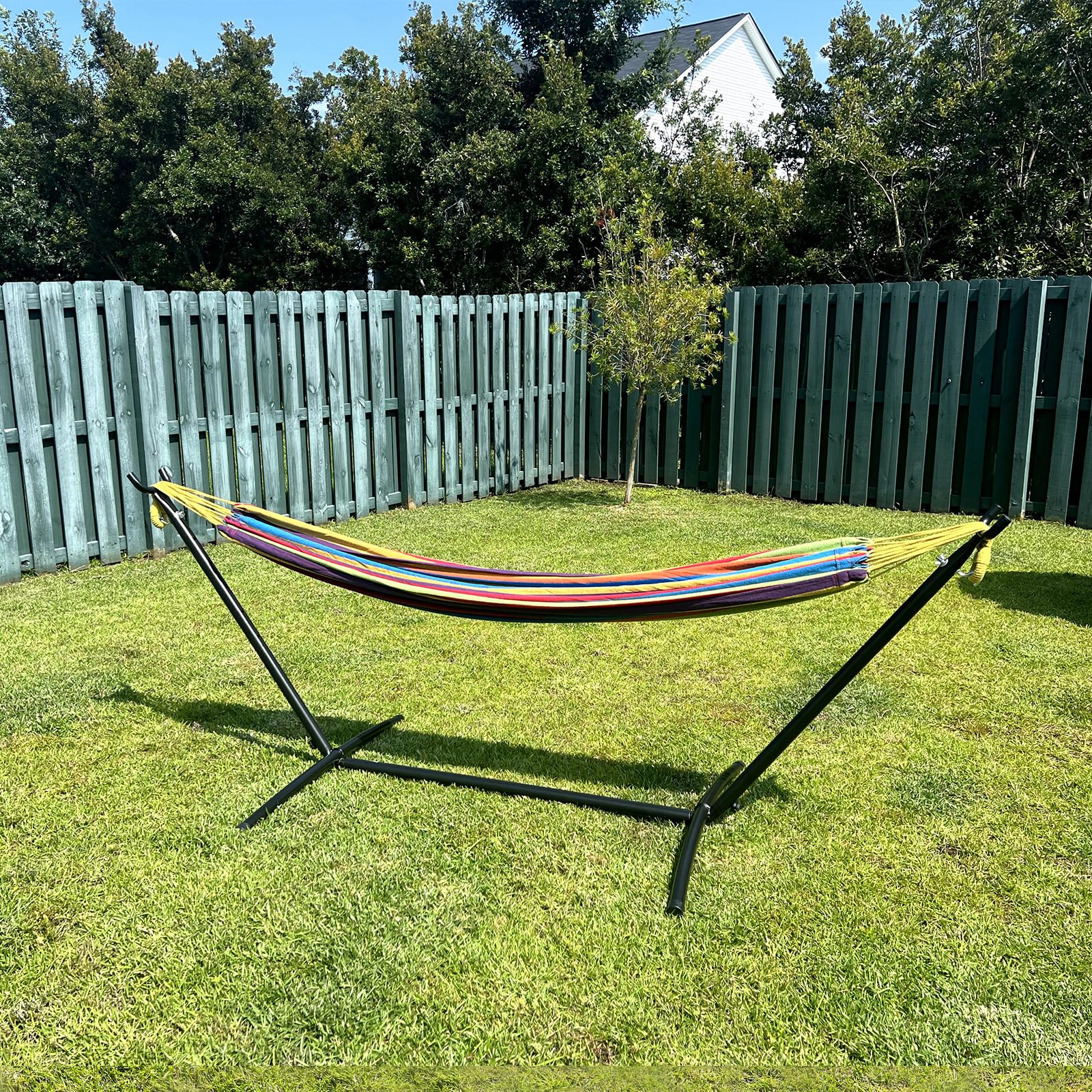 SZHLUX Double Hammock with Stand Included 450lb Capacity Steel Stand, Premium Carry Bag Included.Indoor Outdoor Brazilian-Style Cotton Bed for Backyard, Camping,Garden