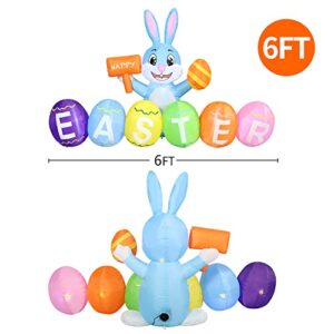 Domkom 6FT Easter Inflatable Bunny Outdoor Decorations with Eggs, Build-in LED Lights Holiday Blow Up Yard Decoration, for Easter Holiday Party, Outdoor,Garden, Yard Lawn Décor