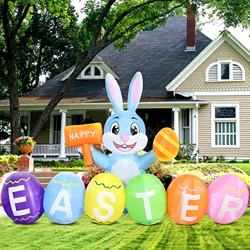 Domkom 6FT Easter Inflatable Bunny Outdoor Decorations with Eggs, Build-in LED Lights Holiday Blow Up Yard Decoration, for Easter Holiday Party, Outdoor,Garden, Yard Lawn Décor