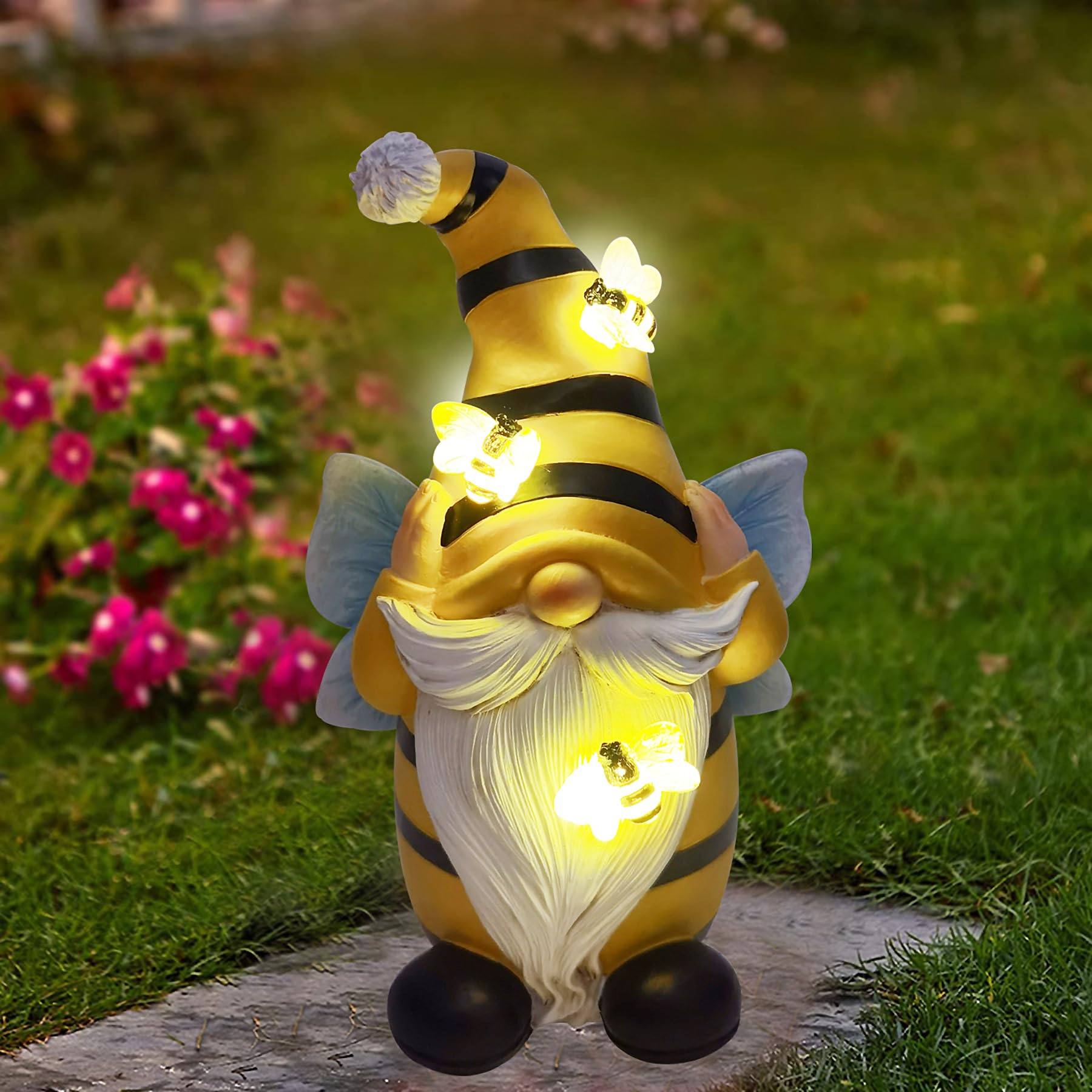 TSTGEE Solar Garden Gnome Decorations - Spring Bee Gnome Figurine Solar Garden Gnomes Outdoor Waterproof for Patio,Yard,Lawn,Garden Gnome Outdoor Solar Light