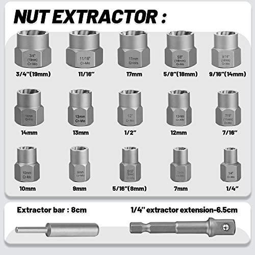 UYECOVE 18-Pcs Bolt Extractor Set, 3/8'' Drive Easy Out Bolt Extractor Set, Stripped Bolt Remover Broken Bolt Extractor Kit for Damaged, Frozen, Rusted Lug Nuts, Screws with Solid Storage Case