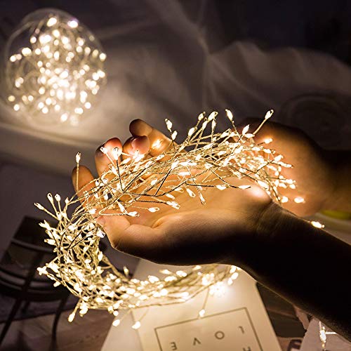 100 LED Cluster Fairy Light,Silver Wire Firecrackers String Copper Garland,USB Interface,Waterproof,Christmas Holiday Decoration,Indoor/Outdoor Bedroom,Garden,Yard,Patio (8.2ft,2 Pack,Warm White)