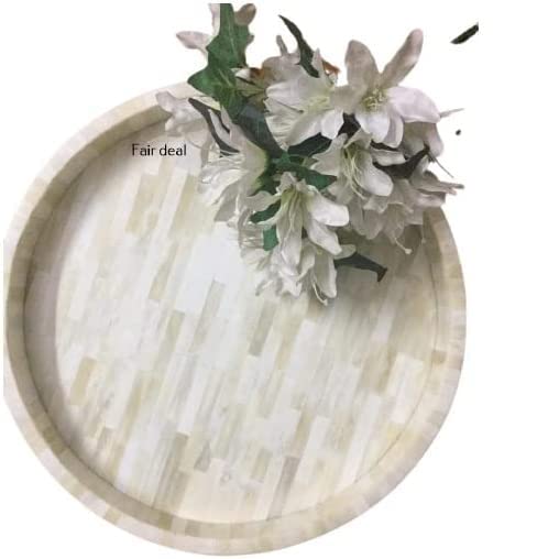 Handmade White Bone Inlay Round Tray | Decorative Serving Tray | Ideal Ottoman Tray | Christmas Gifts | Liquor Serving Tray for Home Décor Purpose - Fairdeal Handicrafts