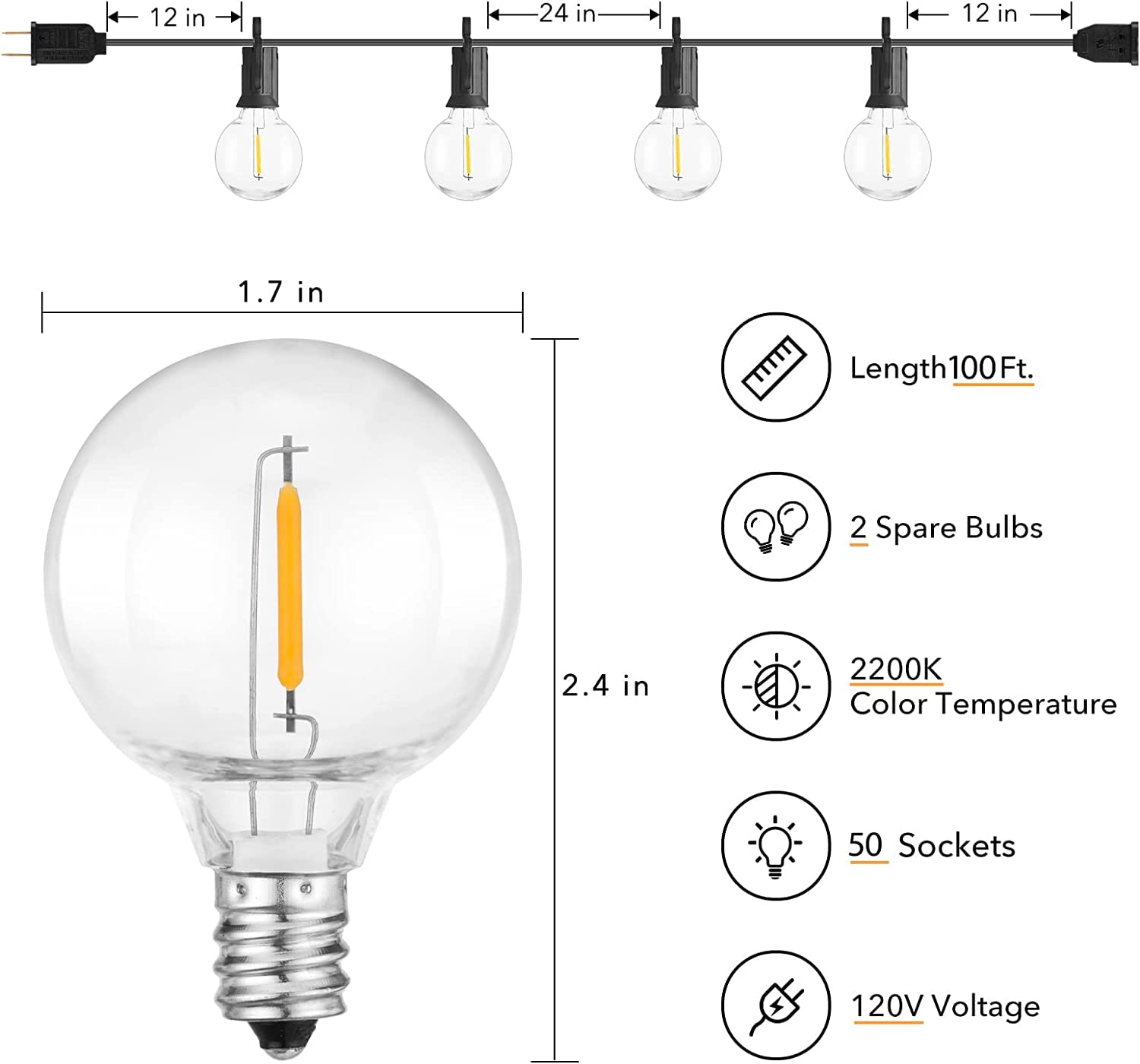 Brightown Outdoor String Lights - Connectable Dimmable LED Patio String Lights with G40 Globe Plastic Bulbs, All Weatherproof Hanging Lights for Outside Backyard Porch (100 ft-50 LED Bulbs)