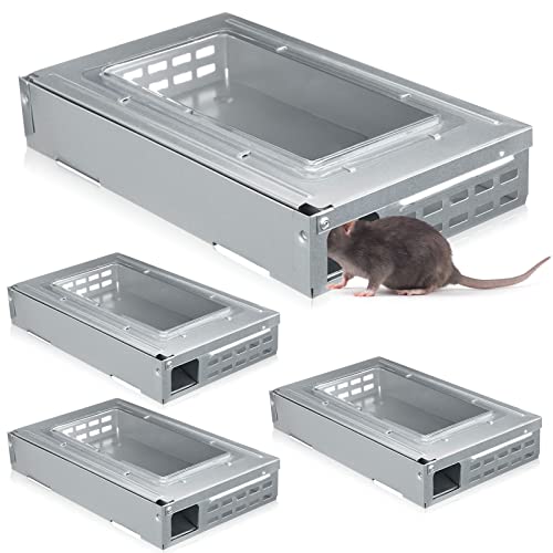 4 Pack Multi Catch Mouse Trap Clear Top Humanized Mouse Trap Rodent Mouse Trap for Indoor Outdoor Rat Control Pet and Kids Security (Silver)