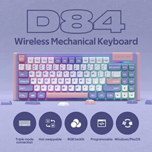 DUSTSILVER Wireless Keyboard Mechanical Gaming Keyboard Hot-swappable RGB Backlit Supports BT 5.0/2.4G Wireless/Wired 3 Modes Brown Switch 84 Keys Programmable Macro for Windows/MacOS Lilac