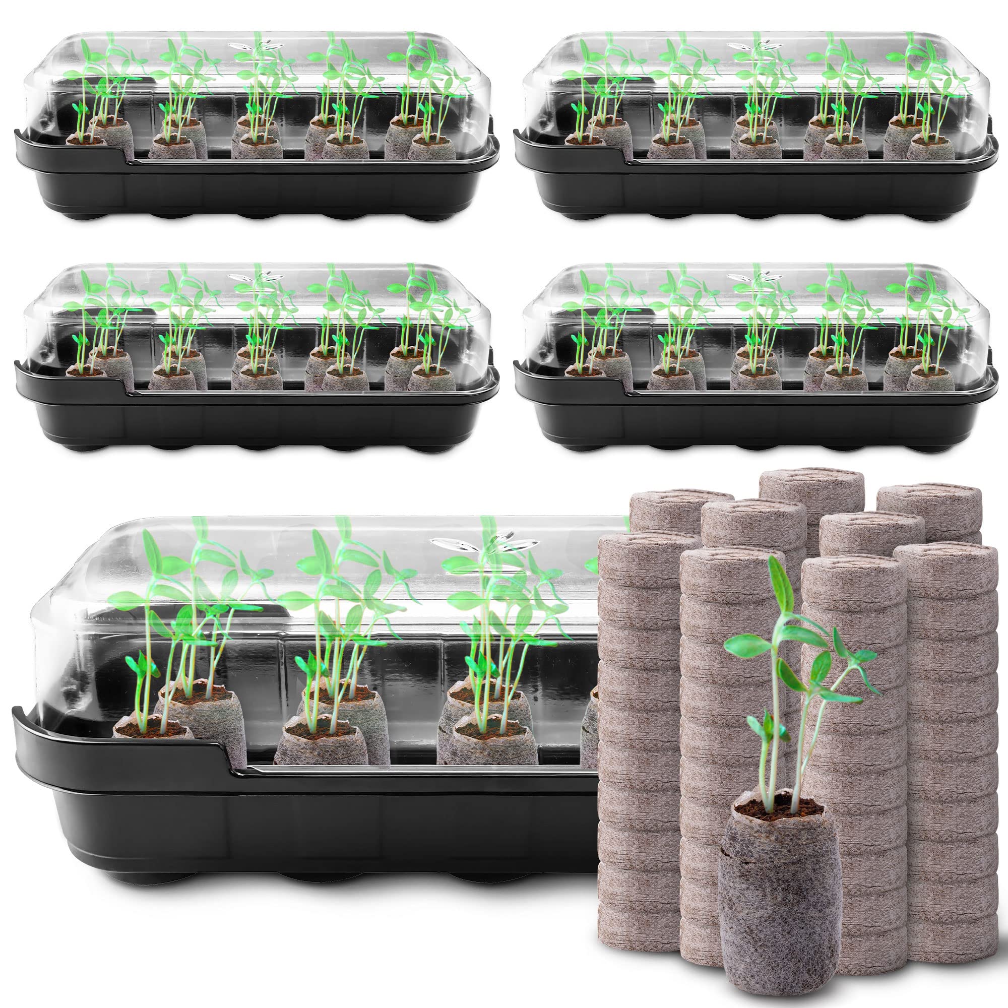 5 Pack Seed Starter Tray Seeding Starter Kits (50 Cells Total Tray)+ 50pcs Peat Pellets Seed Starter Soil,Seed Starter Kits Indoor Greenhouse Plant Germination Kits for Seeds Growing (Black)