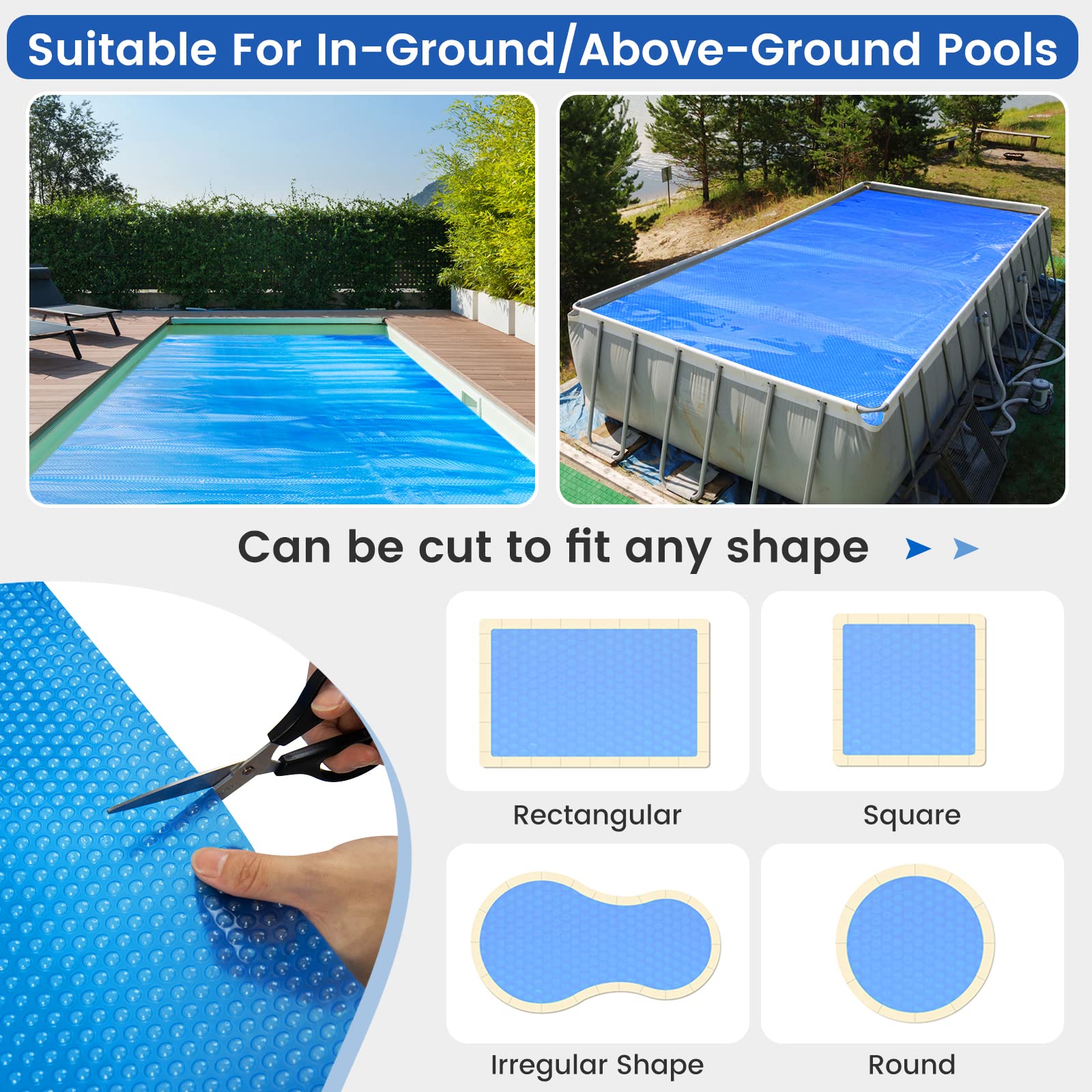 Goplus Pool Cover, 16 x 32 FT Solar Blanket with Carrying Bag for In-Ground and Above-Ground Swimming Pools, Rectangle Hot Tub SPA Thermal Blanket, Blue Bubble