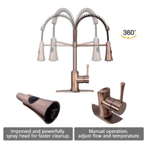 Akicon Antique Copper Pre-Rinse Spring Kitchen Faucet, Single Level Solid Brass Kitchen Sink Faucets with Pull Down Sprayer Modern Style