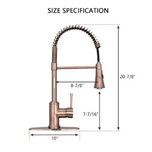 Akicon Antique Copper Pre-Rinse Spring Kitchen Faucet, Single Level Solid Brass Kitchen Sink Faucets with Pull Down Sprayer Modern Style