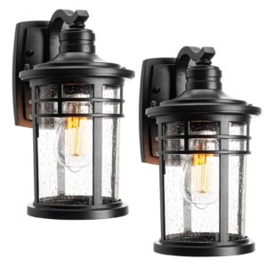 darkaway outdoor porch lights wall mount, outdoor light fixtures sconces wall lighting with seeded glass waterproof exterior lights for patio yard house hallway doorway garage(2 pack, black)