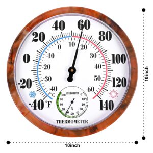 Indoor Outdoor Thermometer Hygrometer - 10Inch Outdoor Thermometers Large Number, 2 in 1 Thermometer Hygrometer, No Battery Needed Large Outdoor Thermometers for Patio (Brown)