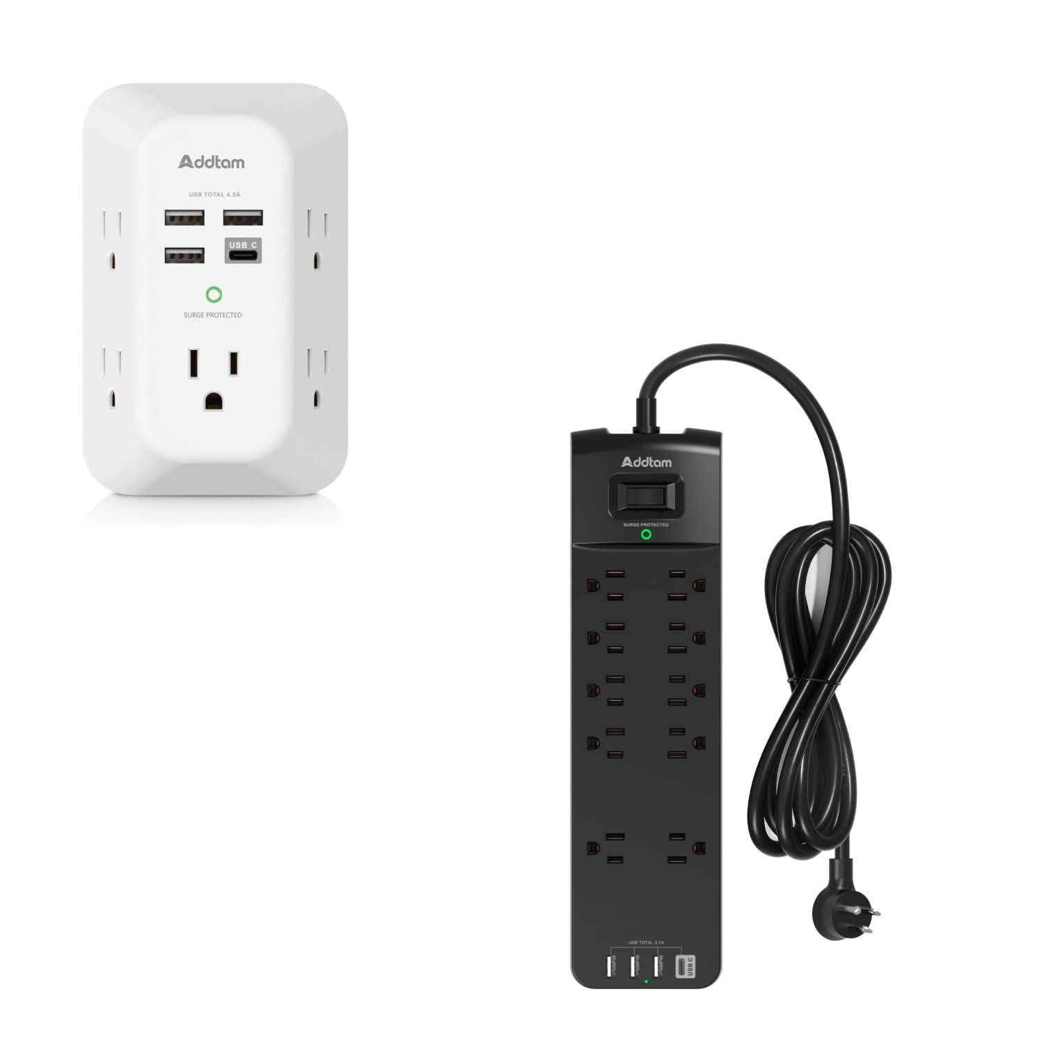 USB Wall Charger Surge Protector 5 Outlet Extender with 4 USB Charging Ports (1 USB C Outlet) & Power Strip Surge Protector with 10 Outlets and 4 USB Ports