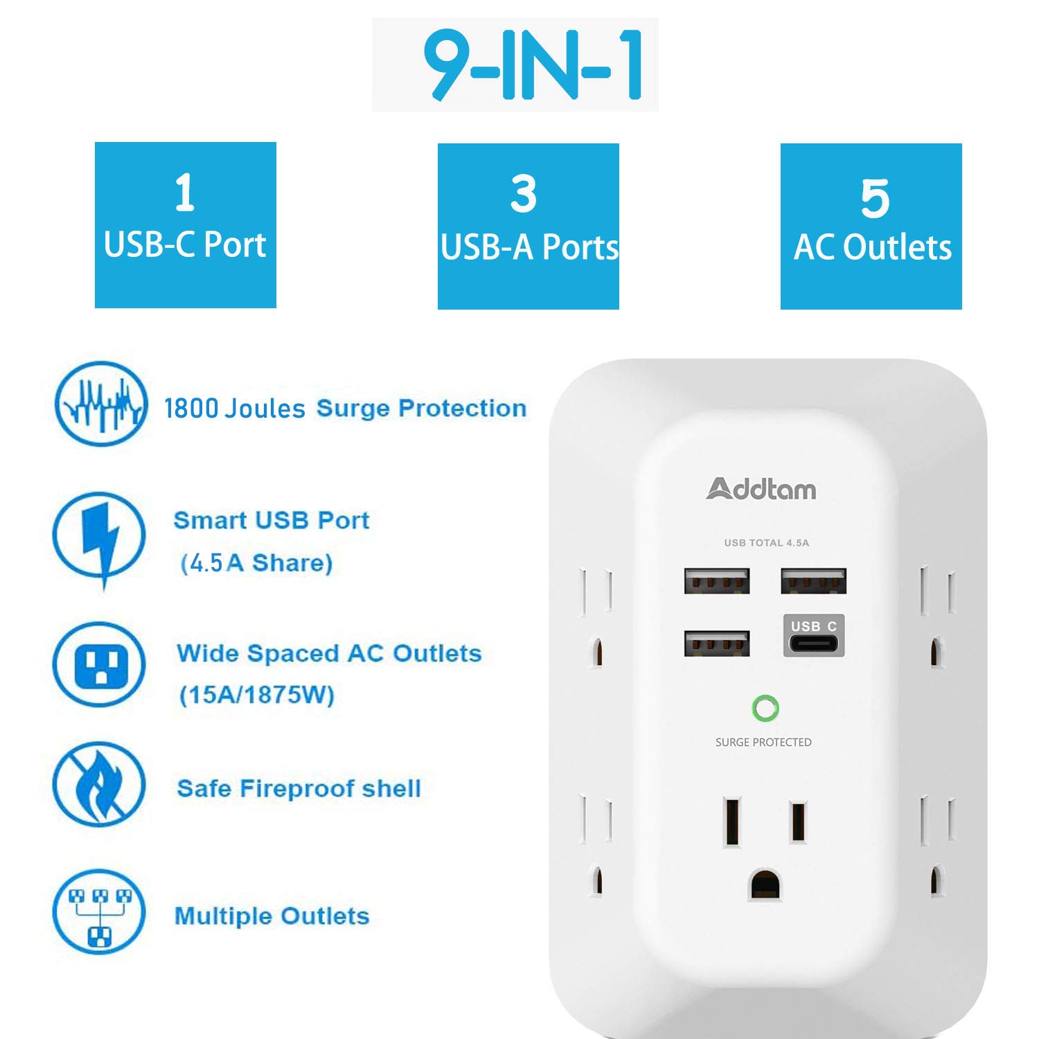 USB Wall Charger Surge Protector 5 Outlet Extender with 4 USB Charging Ports (1 USB C Outlet) & Power Strip Surge Protector with 10 Outlets and 4 USB Ports