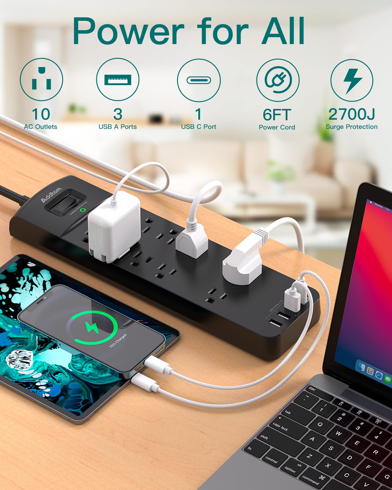 USB Wall Charger Surge Protector 5 Outlet Extender with 4 USB Charging Ports (1 USB C Outlet) & Power Strip Surge Protector with 10 Outlets and 4 USB Ports