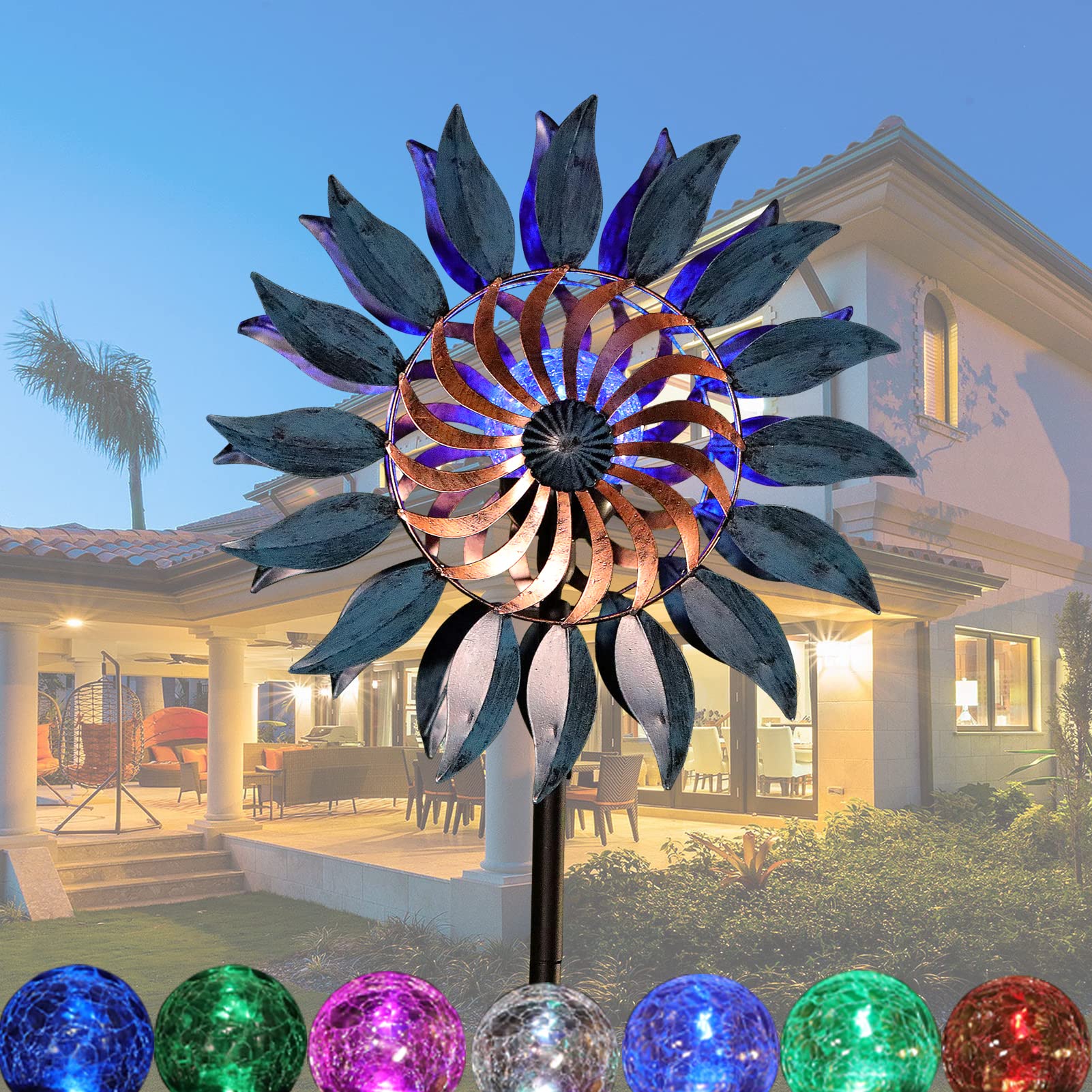 Wind Spinners Outdoor Clearance-Wind Spinners for Yard and Garden-Wind Sculptures & Spinners Color Led Changing Solar Powered Glass Ball with Kinetic Windmills Dual Direction Wind Sculpture Spinners