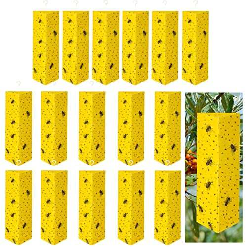 Fruit Fly Traps Yellow Sticky Traps for Gnats Fruit Fly Triangular Hanging Fly Traps with Hook for House Indoor Outdoor Fly Sticky Trap Pest Control Traps for Mosquito, Flying Insect (16 Pieces)