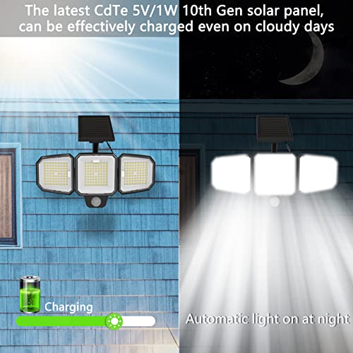 CEOTIS Solar Outdoor Lights, 243 LED 3500LM Motion Sensor Solar Lights for Outside, IP65 Waterproof 3 Heads Security Flood Lights, Separate Solar Panel Remote Control 3 Modes Wall Lights