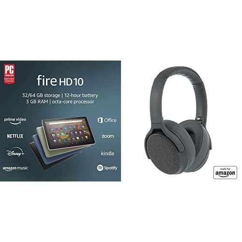 Tablet Bundle: Includes Amazon Fire HD 10 tablet, 10.1", 1080p Full HD, 32 GB (Olive) & Made for Amazon Active Noise Cancelling Bluetooth Headphones (Grey)