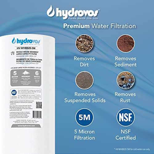 HYDROVOS 5 Micron 20" x 4.5" Whole House Water Filter, NSF Certified Sediment Filter for Home Water Filtration System, Large Capacity Universal Fit Replacement Cartridge, 6-Month Filter Life