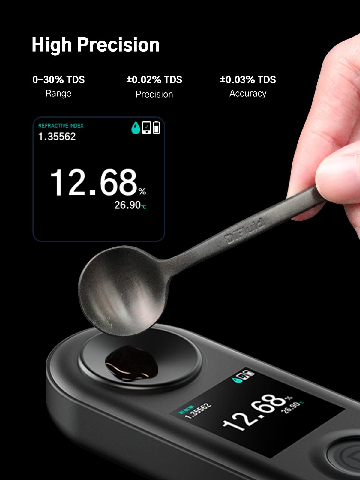 DiFluid R2 Extract Coffee TDS Refractometer, Multi-Test Modes & OTA Updates DiFluid Café APP with Range 0-30%, Precision 0.02%,Resolution 0.01%,Accuracy 0.03% TDS, Rechargeable, Portable