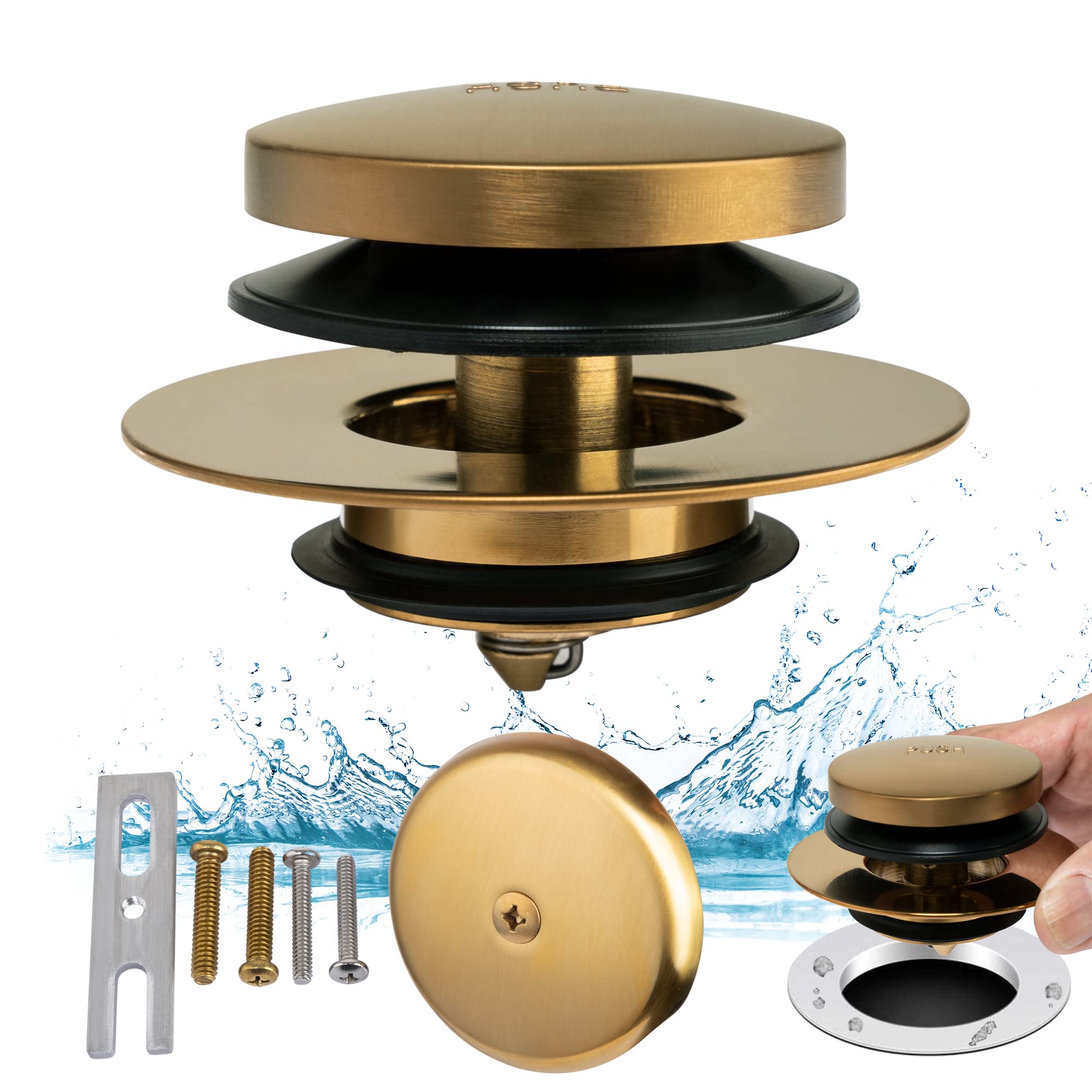 Gold Universal Tub Drain Tip Toe Tub Conversion Kit Assembly, Artiwell EZ Installation Bathtub Drain Replacement Trim Kit with 1-Hole Overflow Face Plate and Pop-Up Tub Stopper,Brushed Gold