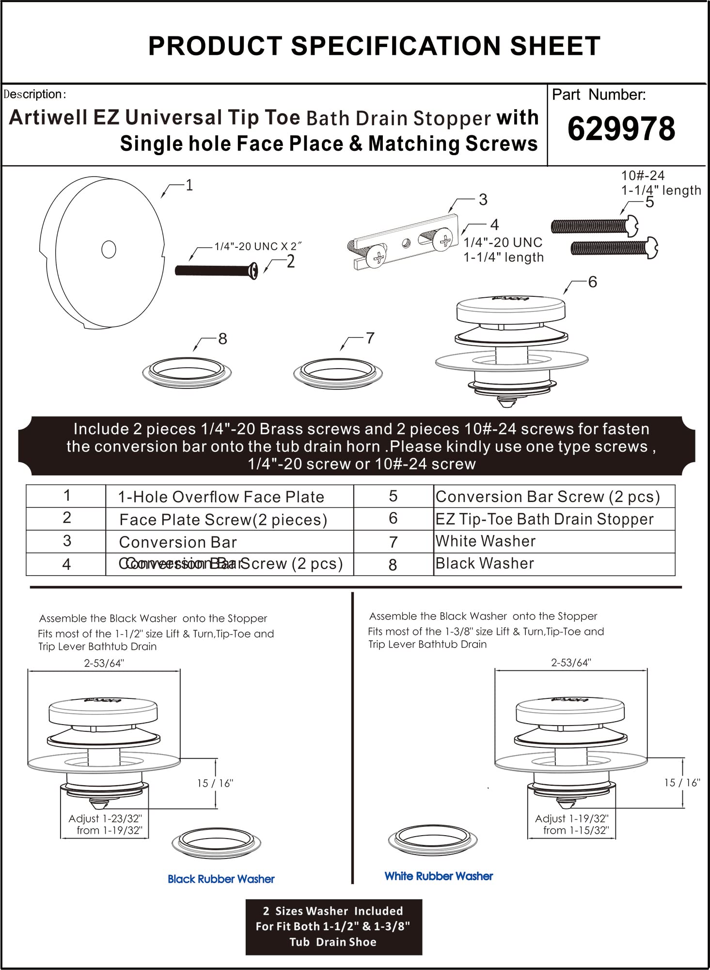 Gold Universal Tub Drain Tip Toe Tub Conversion Kit Assembly, Artiwell EZ Installation Bathtub Drain Replacement Trim Kit with 1-Hole Overflow Face Plate and Pop-Up Tub Stopper,Brushed Gold