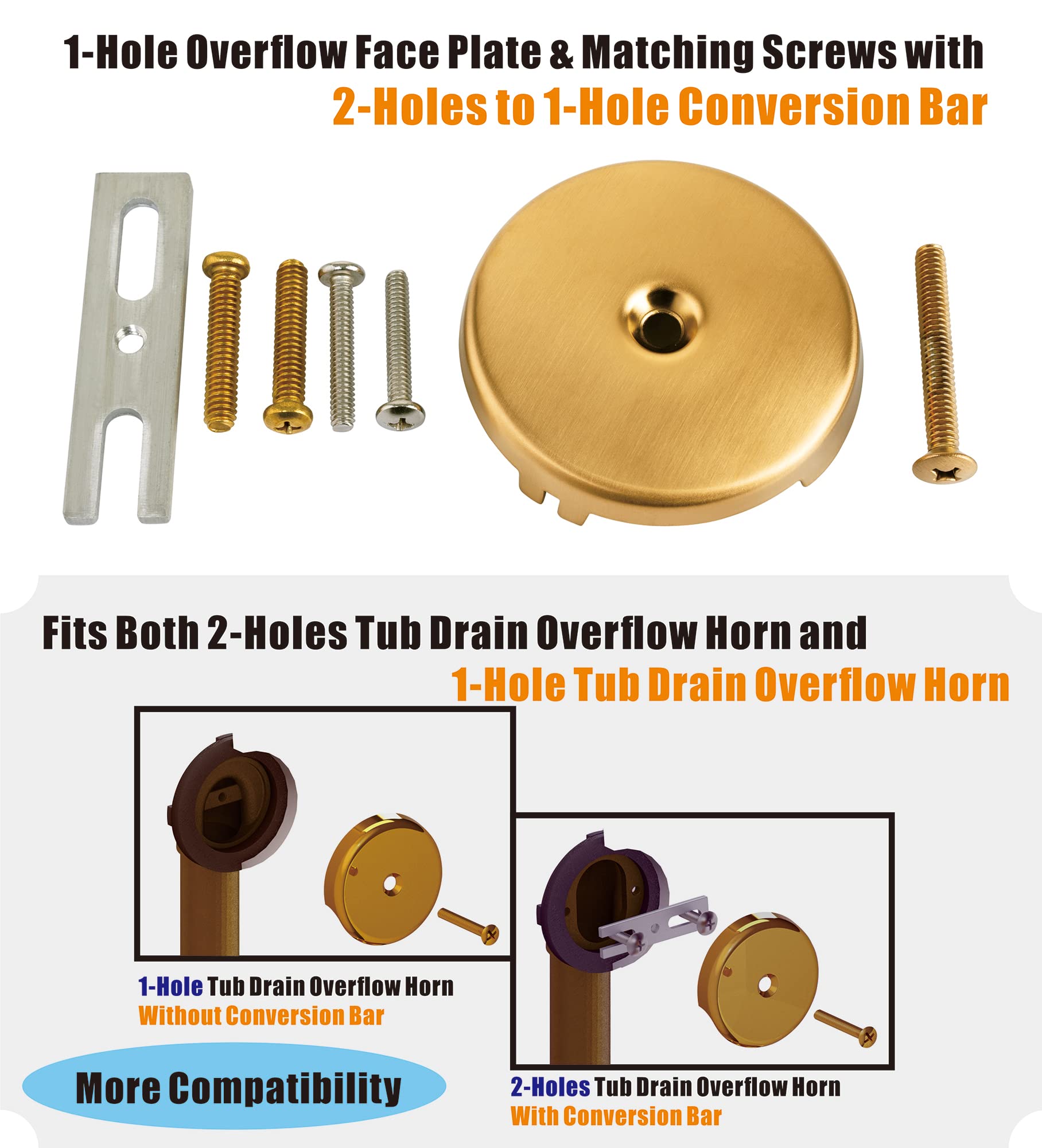 Gold Universal Tub Drain Tip Toe Tub Conversion Kit Assembly, Artiwell EZ Installation Bathtub Drain Replacement Trim Kit with 1-Hole Overflow Face Plate and Pop-Up Tub Stopper,Brushed Gold