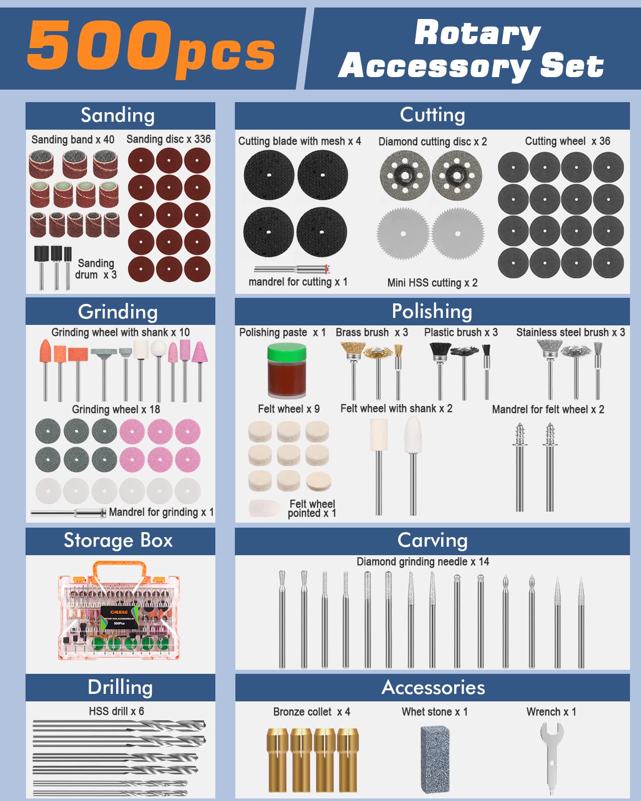 CHILEAD Rotary Tool Accessories Kit, 500 Pcs Accessory Set, 1/8"(3.2mm) Diameter Shanks, Universal Fitment Bits for Easy Cutting, Sanding, Grinding, Sharpening, Carving, Drilling, Polishing, Engraving