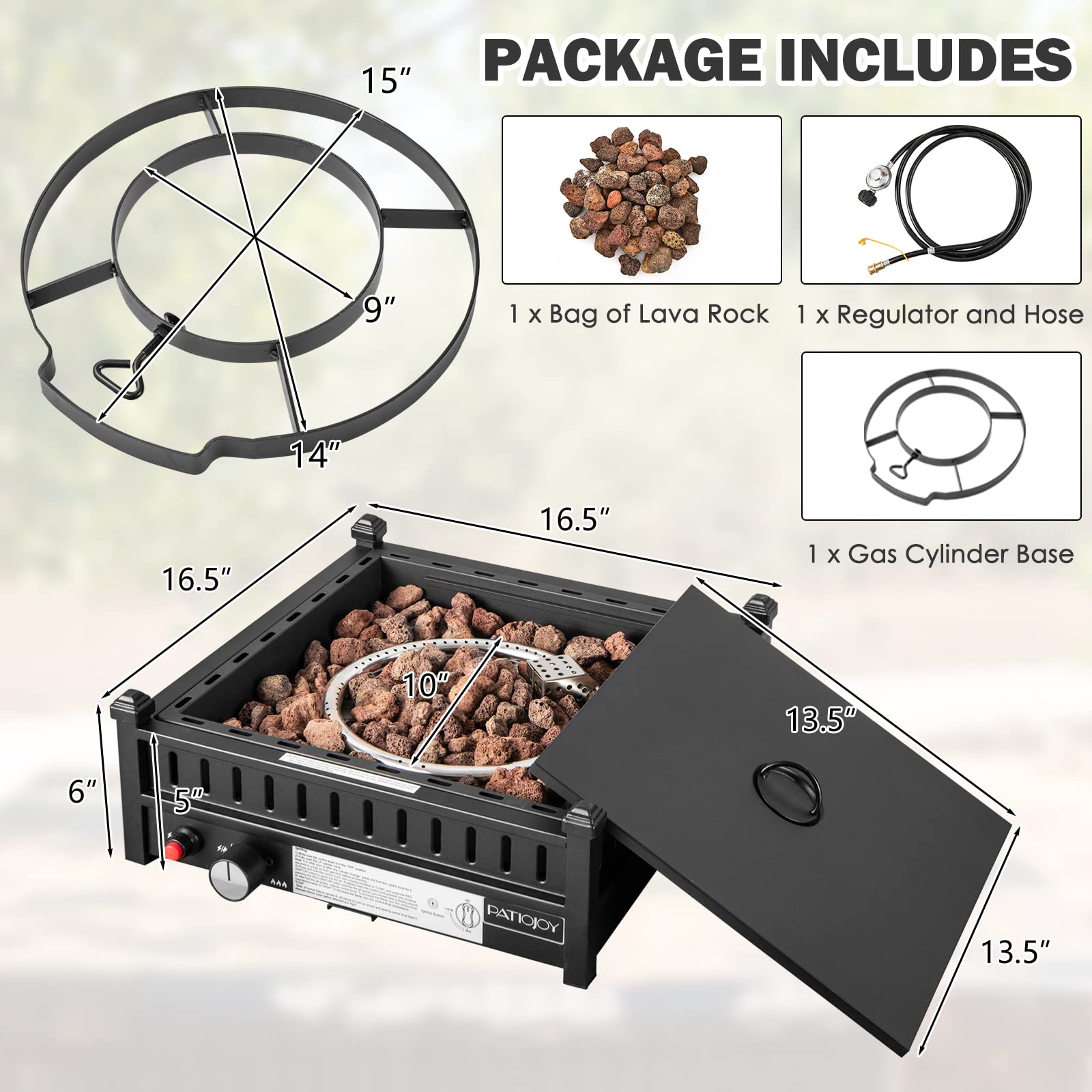 Tangkula Portable Tabletop Propane Fire Pit, Patiojoy 40,000 BTU Table Top Fireplace with Simple Ignition System, Adjustable Flame, Square Propane Firepit Bowl for Outdoors, Fit 2” Umbrella Hole Table