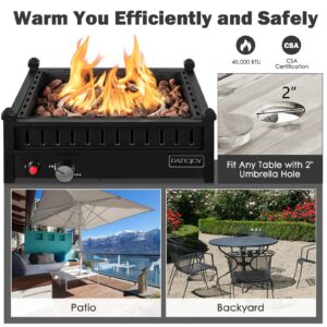 Tangkula Portable Tabletop Propane Fire Pit, Patiojoy 40,000 BTU Table Top Fireplace with Simple Ignition System, Adjustable Flame, Square Propane Firepit Bowl for Outdoors, Fit 2” Umbrella Hole Table