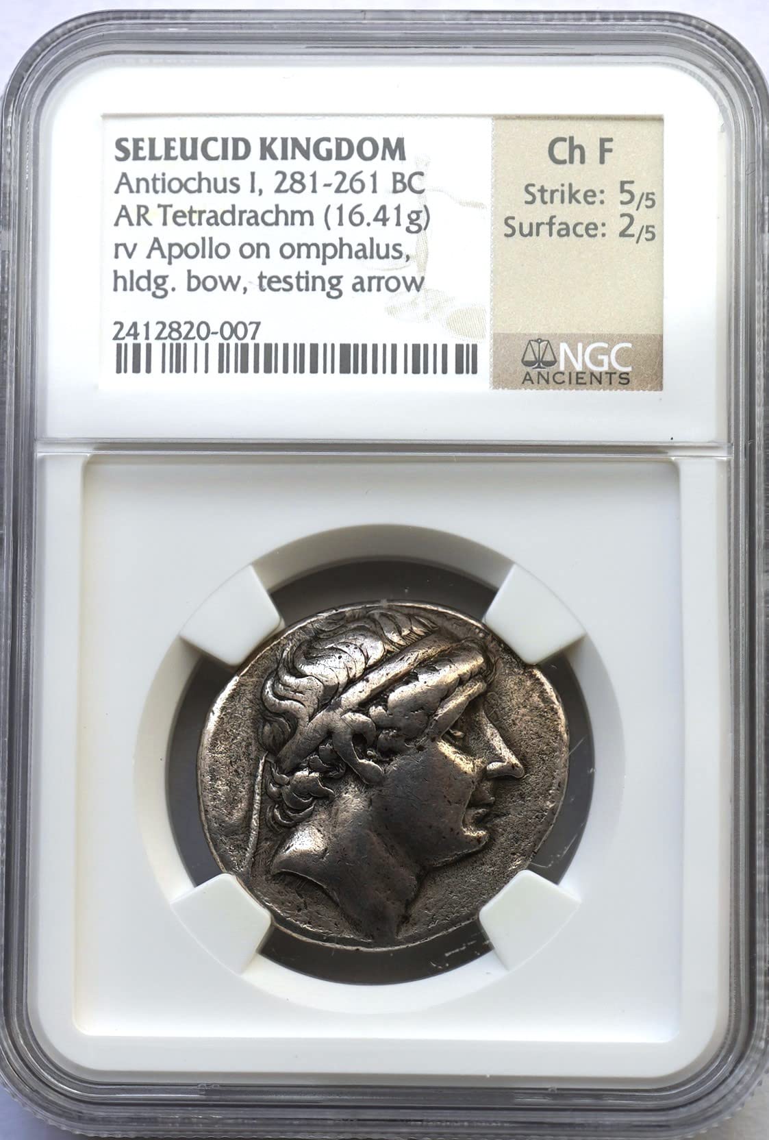 GR 281-261 BC Ancient Seleucid Empire under Antiochus I Authenticated Silver Coin Tetradrachm Choice Fine NGC